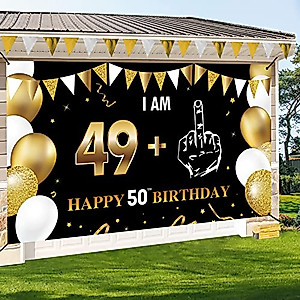 Funny 50th Birthday Decoration I Am 49+1 Banner Backdrop for Men Women, Black Gold 50 Birthday Banner Party Supplies, 50 Years Old Birthday Background Booth Props Decor for Outdoor Indoor