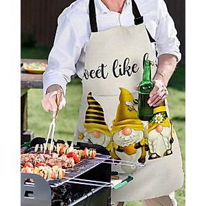 CirCleO Waterproof Stain-Proof Apron for Women Men,Cooking Baking Apron with Pockets Summer Daisy Gnomes Bee Adjustable Apron