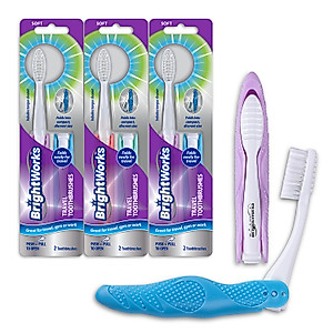BrightWorks Folding Travel Toothbrush (6 Total, 3 Sets of 2) with Built-in Cover. Portable with Soft Bristles and Tongue Cleaner. for Camping, Hiking, Travel, Work, Gym, Purse, Backpack.
