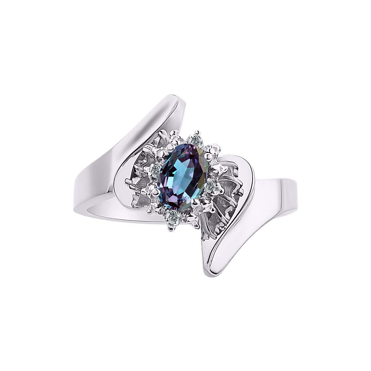 Rylos Floral Designer Ring with 6X4MM Oval Gemstone & Sparkling Diamonds in Sterling Silver- Birthstone Alexandrite Jewelry Size 7