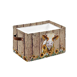 Cube Storage Bins Cloth Towel Organizer Vintage Farm Cattle with Sunflower Board Plank Painting Fabric Collapsible Storage Baskets with Handles for Home Office Closet Shelves Toy Nursery 1 Pack