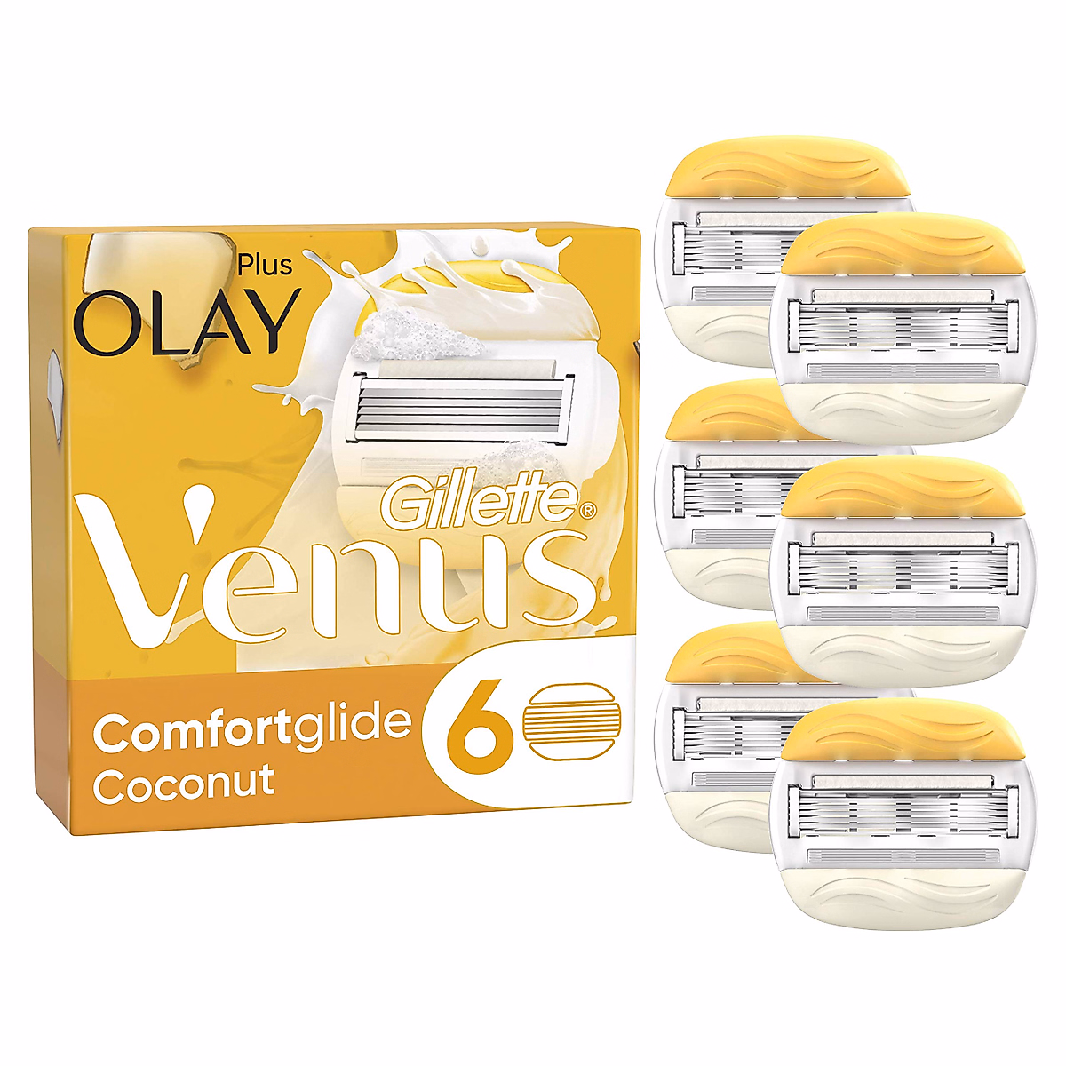 Gillette Venus ComfortGlide Coconut with Olay Razor Blades Women, Pack of 6 2-In-1 Razor Blade Refills with Moisture Bars (Packaging May Vary)