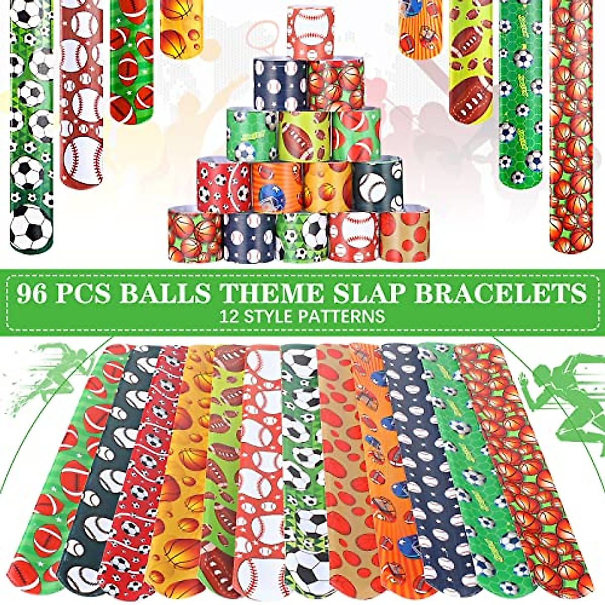 Deekin Sports Ball Slap Bracelets Football Baseball Basketball Snap Bracelet Bands Slap Bands Colorful Slap Bracelets Party Favors for Boys Birthday Party Supplies, 8.8 x 1.2 Inch (48 Pcs)
