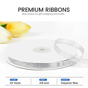 HimBen Glitter Metallic Silver Ribbon 3/8 inch 50 Yards, Sparkly Fabric Ribbon for Gift Wrapping, DIY Crafts, Party, Birthday, Wedding Sewing, Floral Bouquets and Home Decorations