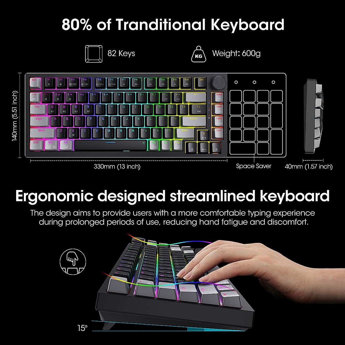 KOORUI 75% Wireless RGB Gaming Keyboard,3 Mode BT/2.4Ghz/USB-C Hot Swappable Mechanical Keyboard,Compact 82 Keys with 4000mAh Battery & Dedicated Knob Control,Tactile Brown Switch