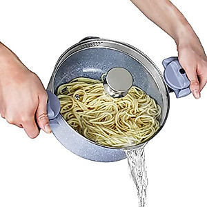 ROSSETTO Multipurpose Pasta Pot with Strainer Lid, 5 Quart Aluminum Stock Pot Spaghetti Pot, Ceramic Coating, PFOA free, Tempered Glass Lid and Twist-Lock Handle Dishwasher Safe, Blue