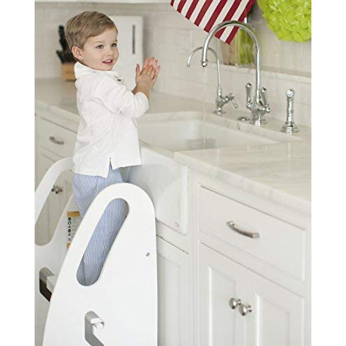 Little Partners 3-in-1 Growing Step Stool Toddler Tower Helper Step Stool, Wooden Toddler Standing Stool for Bathroom or Kitchen, Anti-Slip Feet, Built-in Safety Hand Rails Up to 200 lbs.(Soft White)