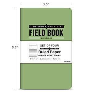 Elan Publishing Company The Indestructible, Waterproof, Tearproof, Weatherproof Field Notebook - 3.5"x5.5" - Green - Lined Memo Book - Pack of 4