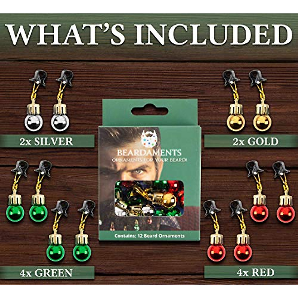 BEARDAMENTS Beard Ornaments - The Original 12pc Colorful Christmas Facial Hair Baubles for Men in the Holiday Spirit, Easy Attach Mini Mustache, Sideburns, Festive Red, Green, Gold, Silver Mix