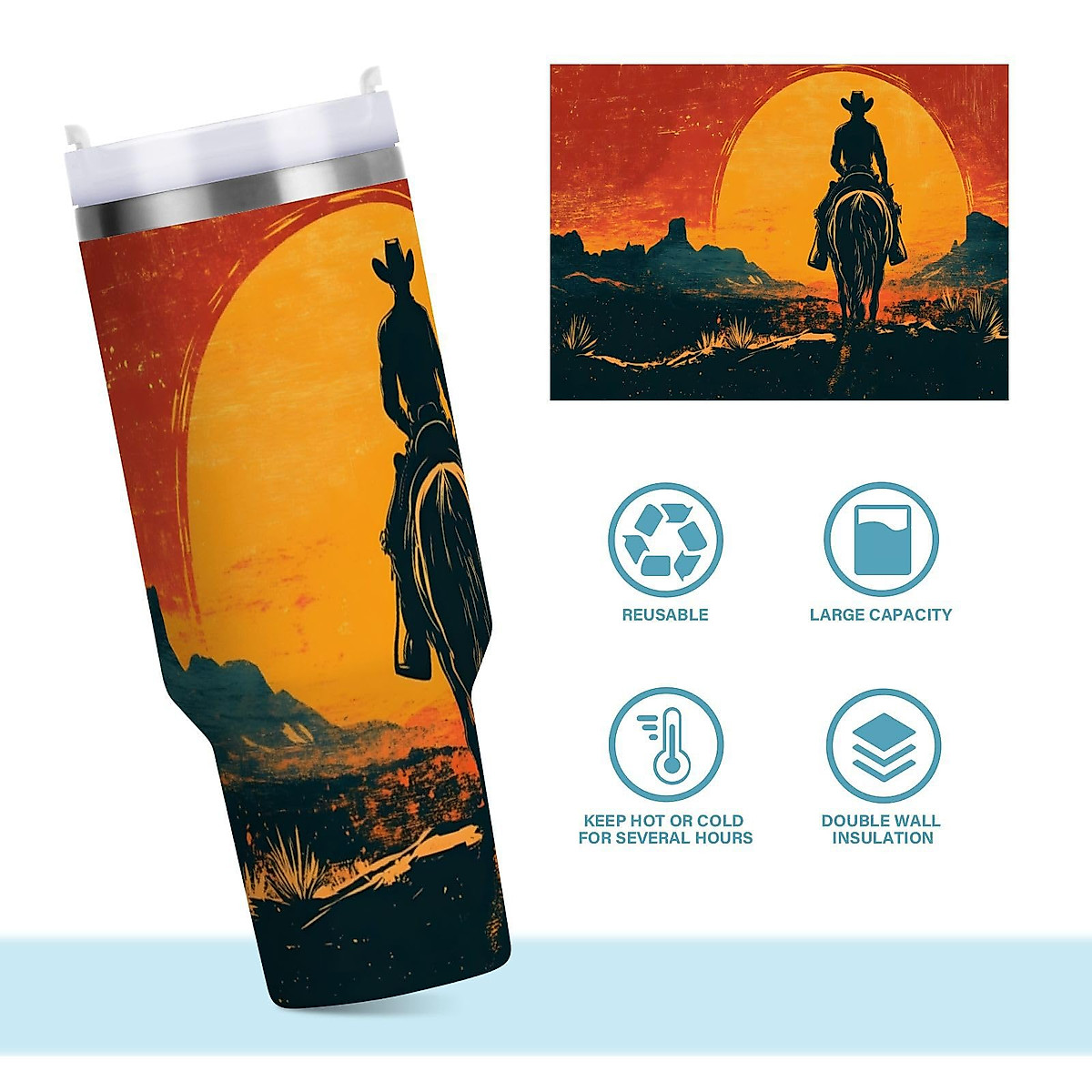 Jihqo Western Cowboys under Sunset 40 oz Stainless Steel Vacuum Insulated Tumbler with Handle and Straw Lid, Leakproof Water Bottle Double Wall Travel Mug Coffee Cup, Cupholder Friendly