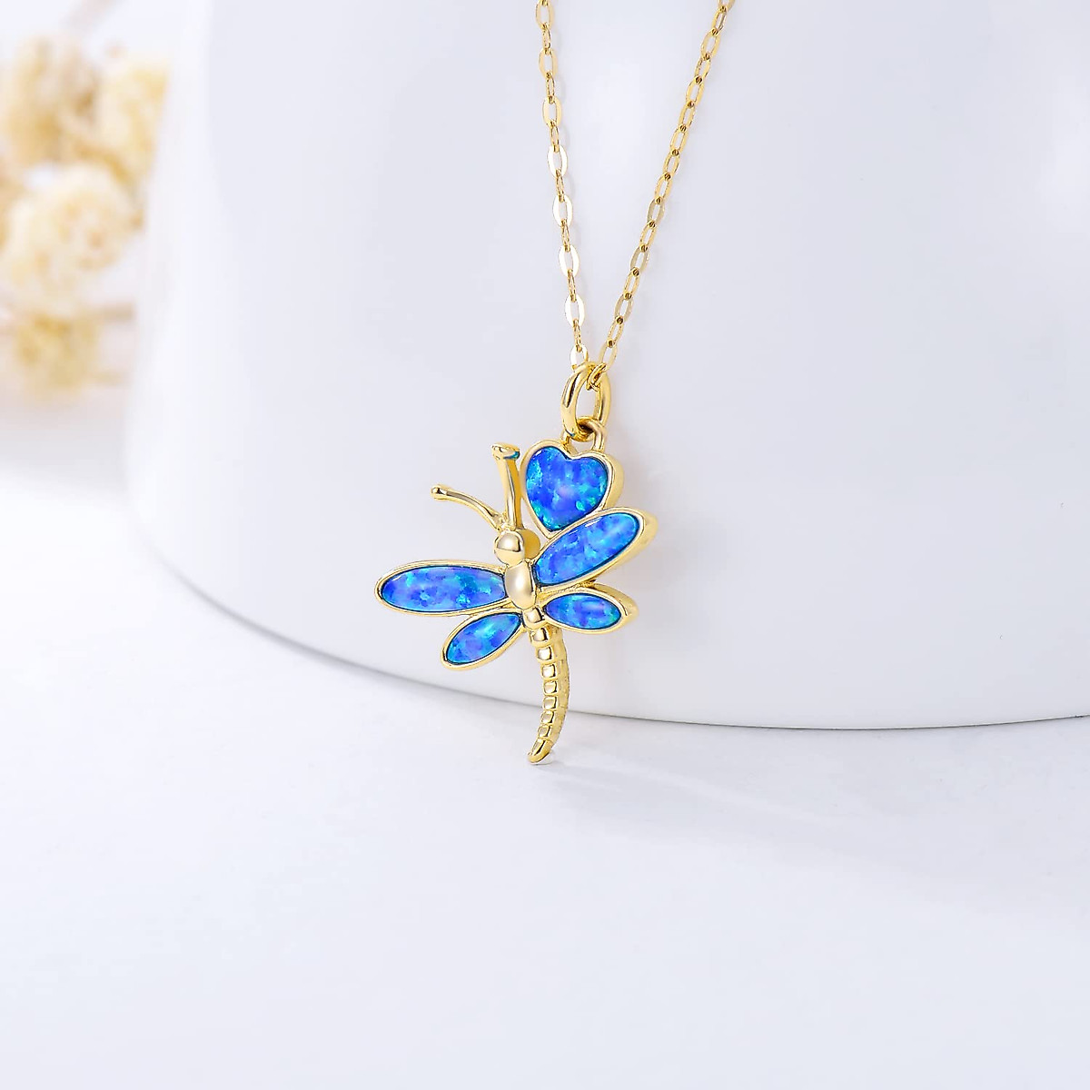 Gold Dragonfly Necklaces for Women Real 14K Yellow Gold Opal Necklaces Anniversary Birthday Jewelry Gifts for Wife Mom Friend Her 16''+2''