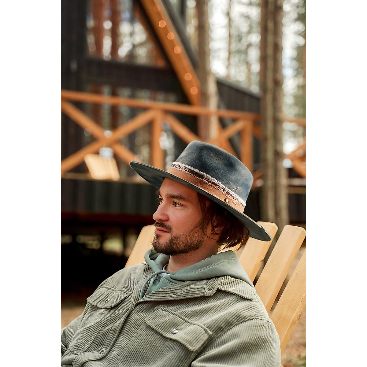 RUEDIGER Wide Brim Fedora Hats for Men Women 100% Wool Felt Panama Rancher Hat with Lightning Logo Distressed/Burned Handmade Navy