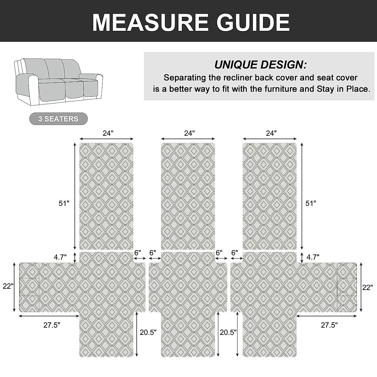 Genina Waterproof Couch Cover for Reclining Couch 3 Seat Recliner Sofa Covers, Non-Slip Recliner Couch Cover Furniture Protector with Elastic Straps for Pets, Dogs (Dark Gray, Recliner Sofa)