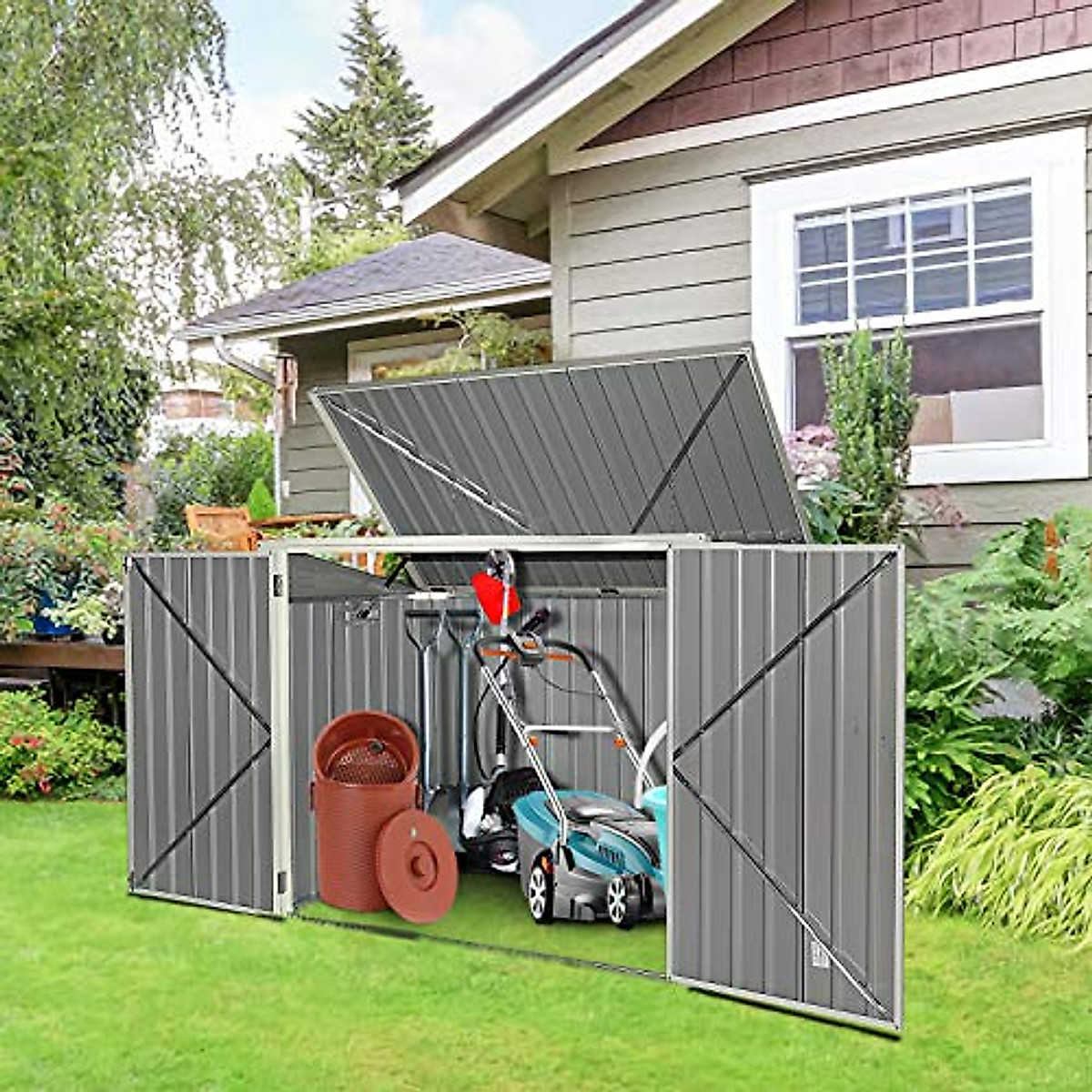 Goplus Outdoor Storage Shed 6' x 3', Multi-Purpose Galvanized Steel Garbage Cans Box with Easy Lift Hinges, Lockable Shed for Garden, Patio, Backyard, Dark Gray