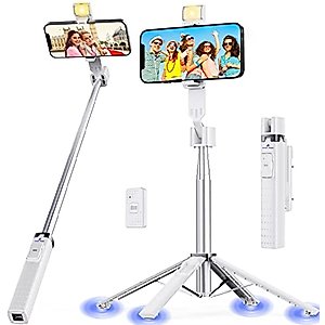 Ambertronix 40” Selfie Stick Tripod Quadrapod, Onboard Light, Wireless Bluetooth Remote, Extendable, Stainless Steel, 3 Light Modes, 9 Brightness Levels, Compatible with All iPhone & Android Devices