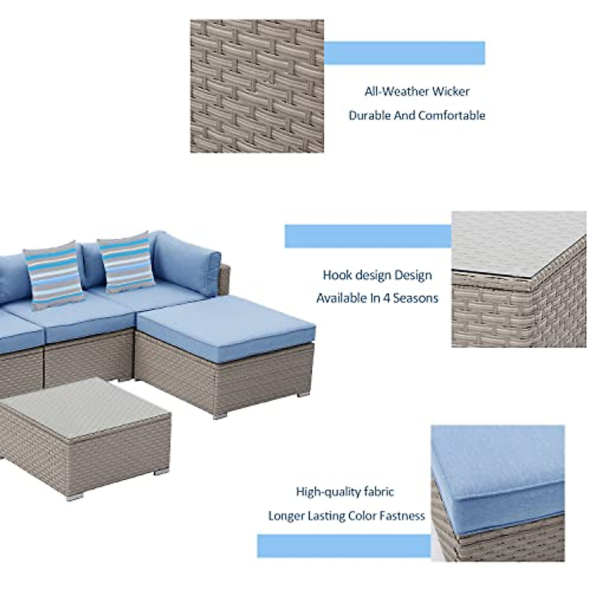 SUNBURY 6-Piece Outdoor Sectional Wicker Sofa in Blue, w 4 Pillows in Psychedelic Colors ?¡ìC Elegant Patio Furniture Chair and Table Set for Backyard Garden Pool