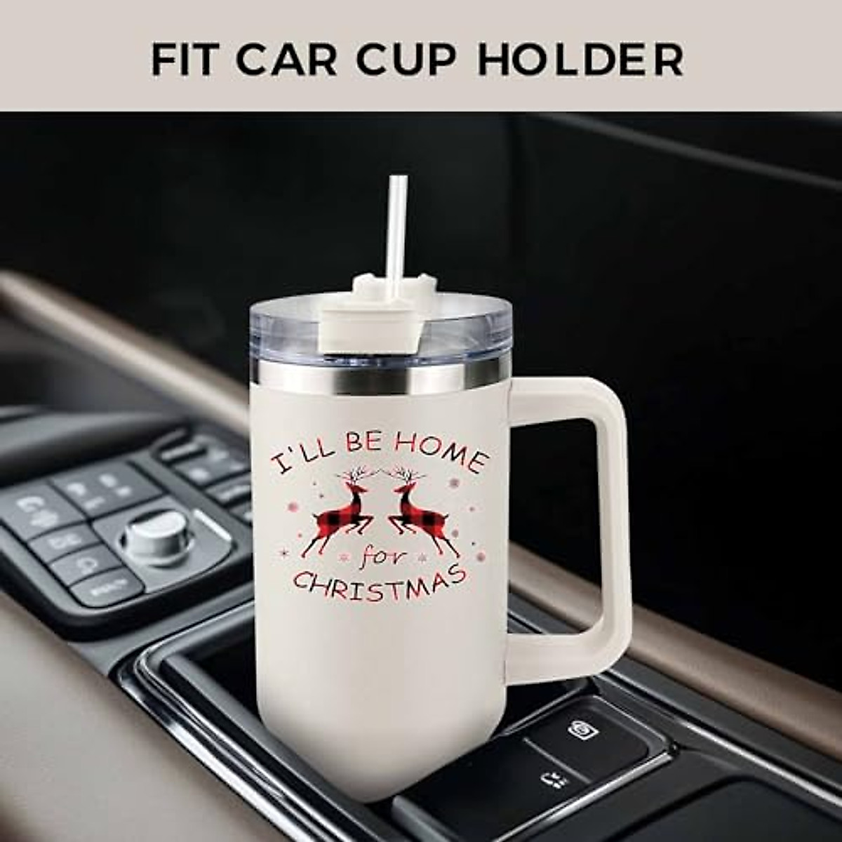 LB LEOBON 40 ounce insulated cup with handle, double-layer vacuum stainless steel material, equipped with straw, can keep warm or maintain cold drinks Reindeer I'll Be Home for Christmas white