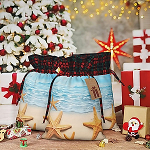 Christmas Gift Bags with Drawstring Burlap Gift Bags 3D Summer Starfish Christmas Linen Bags for Xmas Party Candy Bags with Cards Xmas Reusable Wrapping Bags Christmas Linen Treat Bags for Holiday
