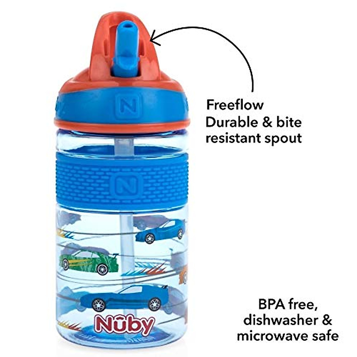 Nuby Thirsty Kids Flip-it Freestyle 12 oz Water Bottle with Bite Resistant Hard Straw, Blue Cars