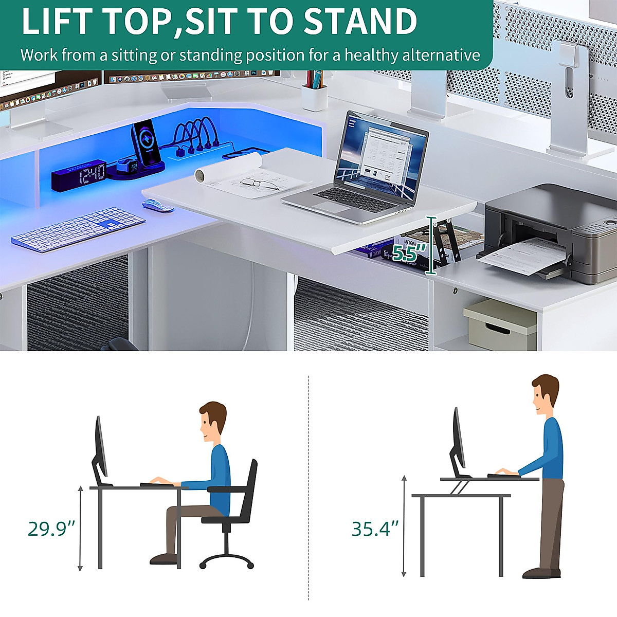 YITAHOME L Shaped Desk with Drawers, 60” Computer Desk with Power Outlets & Lift Top, Home Office Desk with File Cabinet & LED Lights, Height Adjustable Desk, White