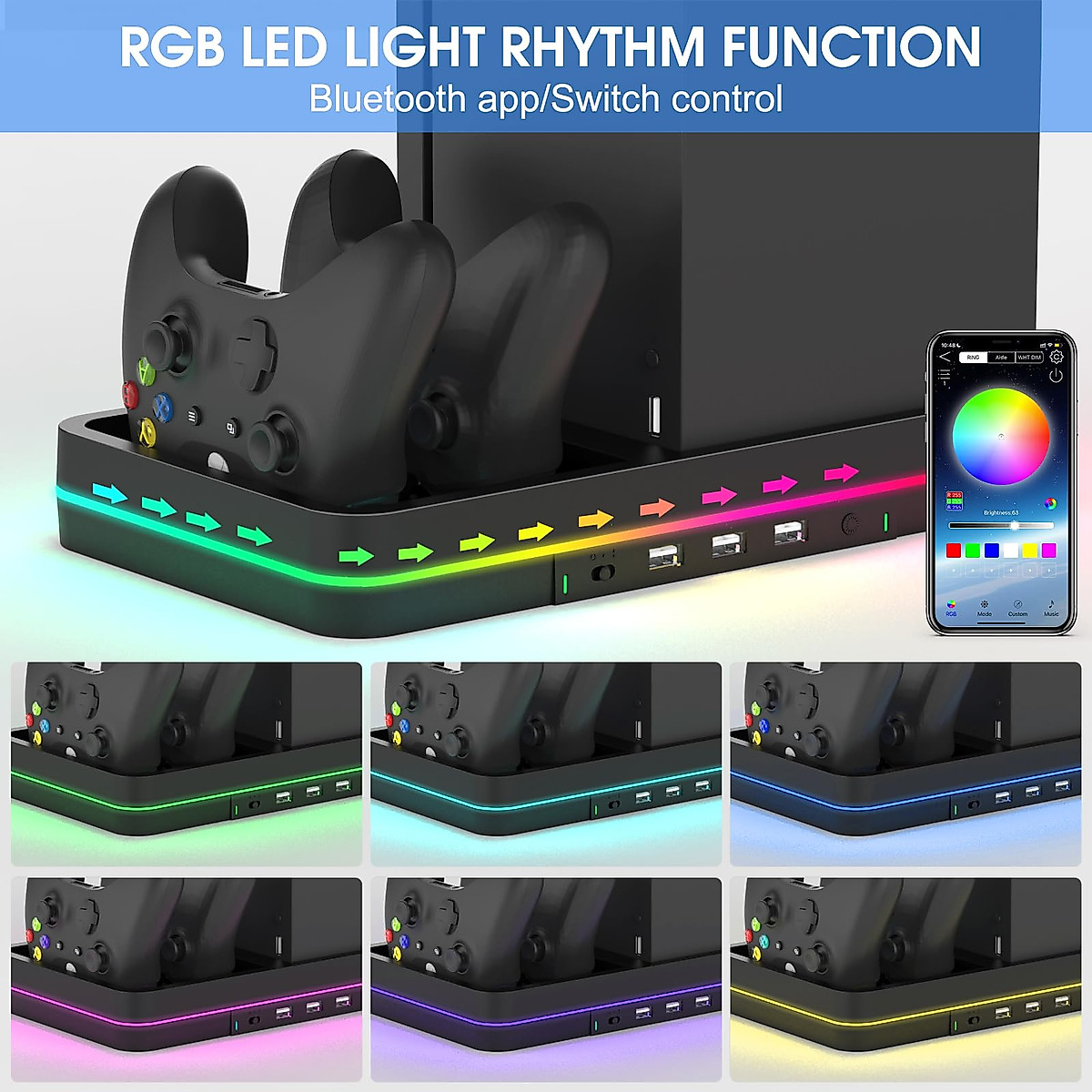 KEPLUG Dual Cooling Fan and Cooling Stand for Xbox Series X/S Console/Controller,Xbox Dual Controller Charger Station with RGB LED Light & 3 USB Ports,Xbox Series x Accessories with 2 Headphone Hooks