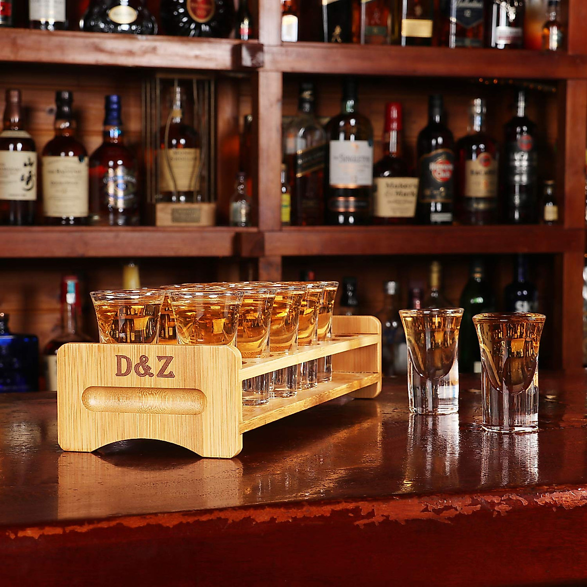 D&Z Bamboo Wooden Shot Glass Holder/Tray with 12 Crystal 1oz Clear Shot Glasses