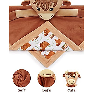 Brown Highland Cow Lovey Baby Boy Blanket Animal Security Blanket Neutral Baby Snuggly Scotland Herd Animal Face Soft Bedding Plush Kids Grandchild's Lovey Nursery Décor Gift Ideas for Son