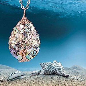 Tear Drop Abalone Tree of Life Necklace - Wire Wrap Abalone Shell Tree of Life Healing Crystal Pendant Necklace Fashion Rose Gold Plated Necklace Jewelry for Women
