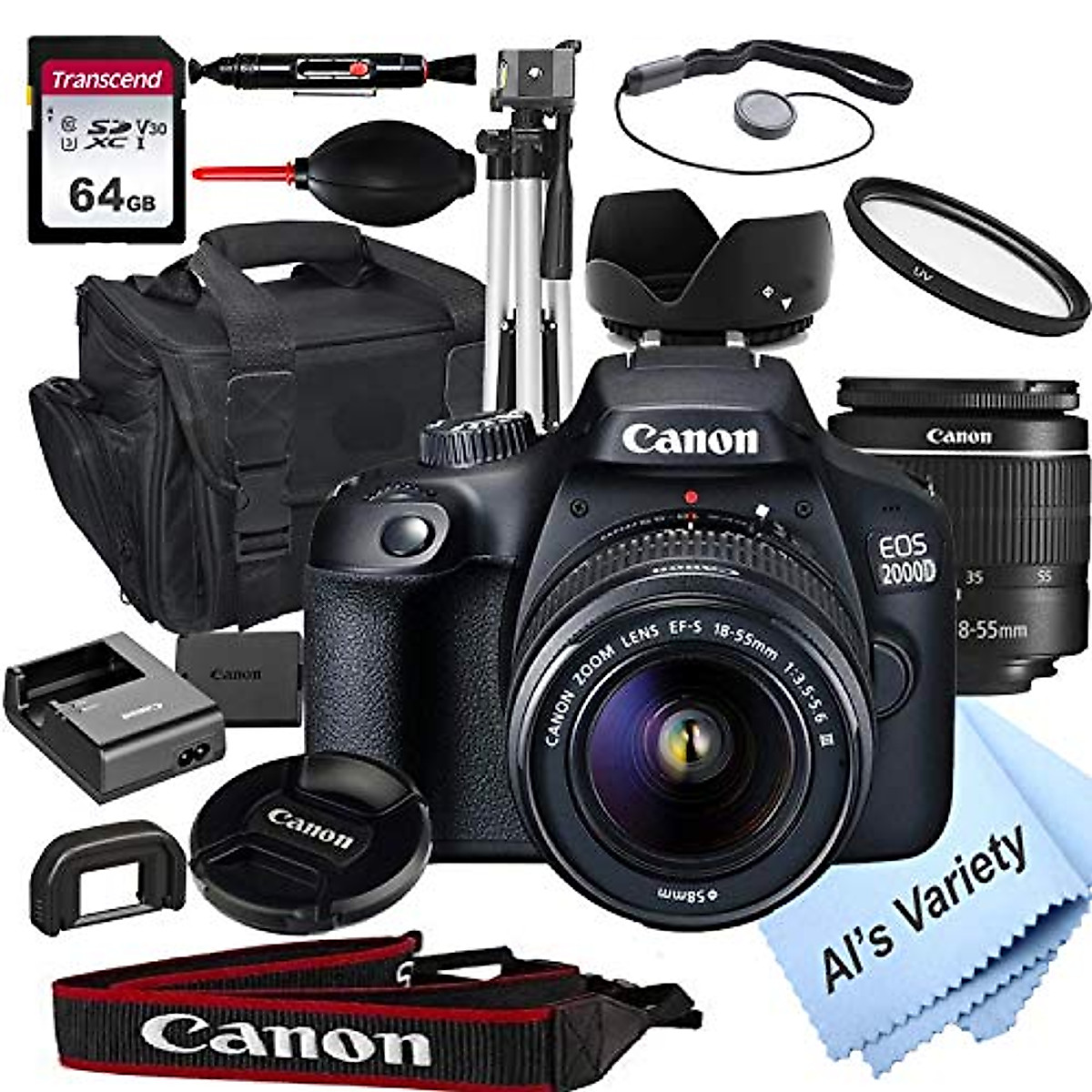 Canon 2000D EOS DSLR Camera (Rebel T7) with 18-55mm f/3.5-5.6 Zoom Lens + 64GB Card, Tripod, Case, and More (18pc Bundle) (Renewed)