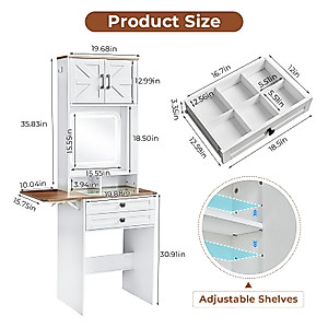 JanflyHome Small Vanity Desk with Mirror and Lights-Farmhouse Compact Makeup Vanity Table with Glass Tabletop & Drawers, 62.39'' Dressing Table with Fold-up Panel for Small Space & Bedroom, White