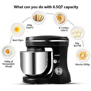 ROSPEC Stand Mixer,6.5-QT 660W 8-Speed Tilt-Head Food Mixer, Kitchen Electric Mixer with Dough Hook, Wire Whip & Beater (Black)