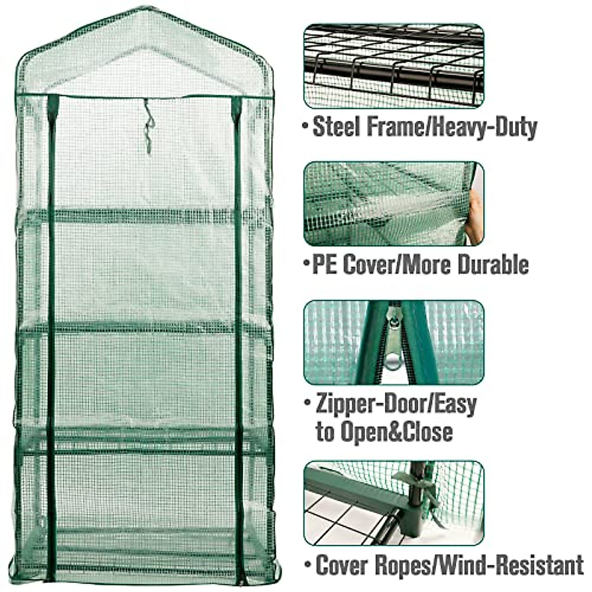 Worth Garden 4 Tier Mini Greenhouse - 63'' H x 27'' L x 19'' W - Sturdy Portable Gardening Shelves with Durable PE Cover w/Roll-Up Zipper Door- Small Green House Indoor & Outdoor for Plants Flowers