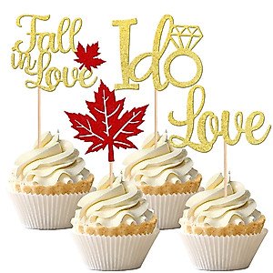 24 PCS Fall in Love Cupcake Toppers Glitter Maple Leaves Love I Do Cupcake Picks Fall Theme Wedding Cake Decorations for Bridal Shower Engagement Thanksgiving Birthday Party Supplies