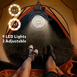 Portable Clip on Fan 65 Working Hours, Camping Fan with LED Lights & Hook, 12000 Capacity Battery Operated Fan with Clamp, USB Rechargeable for Desk, Tent, Treadmill, Stroller, Golf Cart, Home