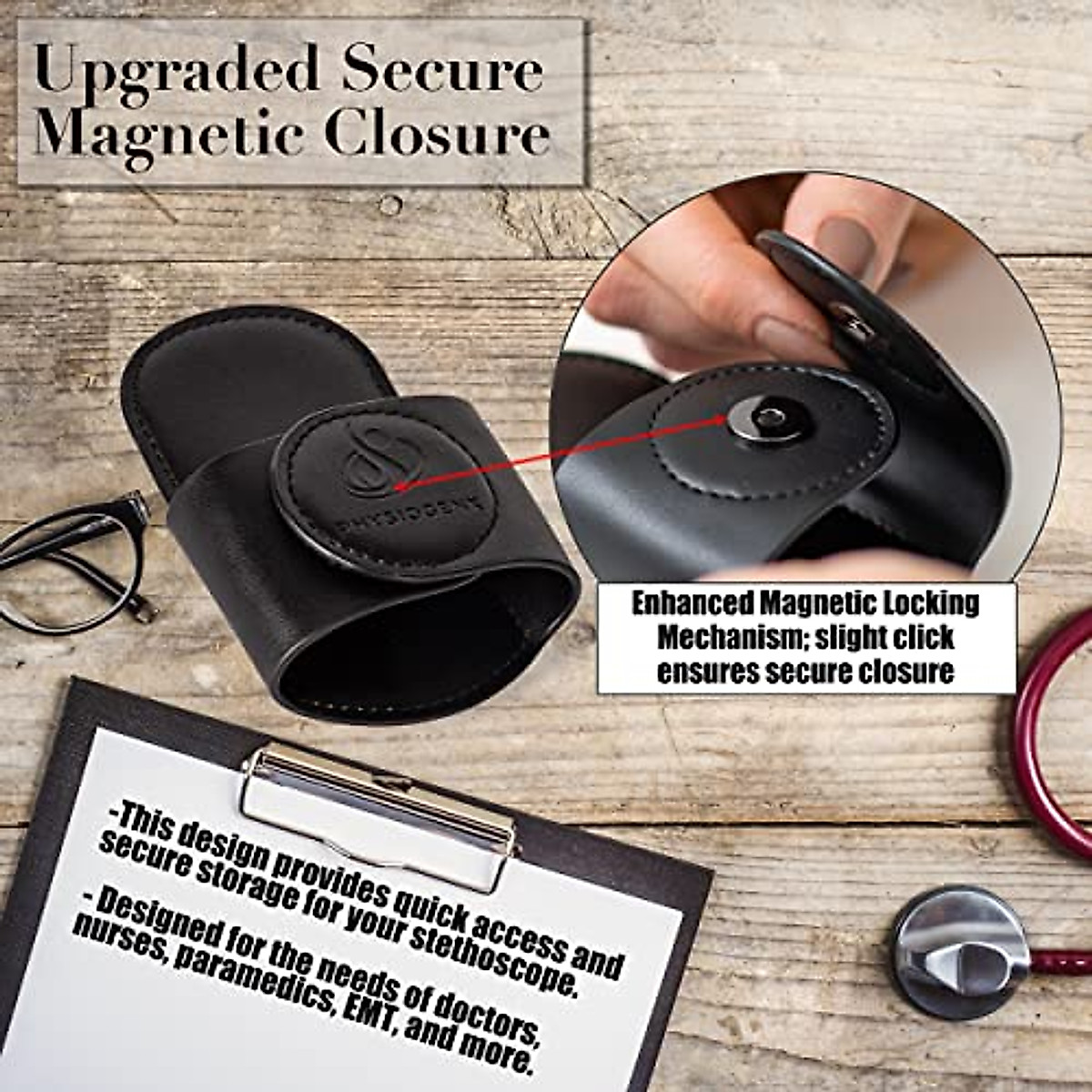 Stethoscope Holder Hip Clip With Upgraded Secure Magnetic Closure - Our Hygienic Stethoscope Clip is Designed to Hold All Brands & Styles - Includes Replacement Stethoscope Ear Tips (Black)