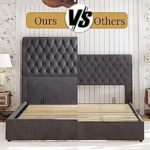 Jocisland Lift Up Storage Bed Queen Size Velvet Upholstered Sleigh Platform Bed Frame/52.4" Deep Button Tuft Headboard/Hydraulic Storage/Easy Assembly/Dark Grey