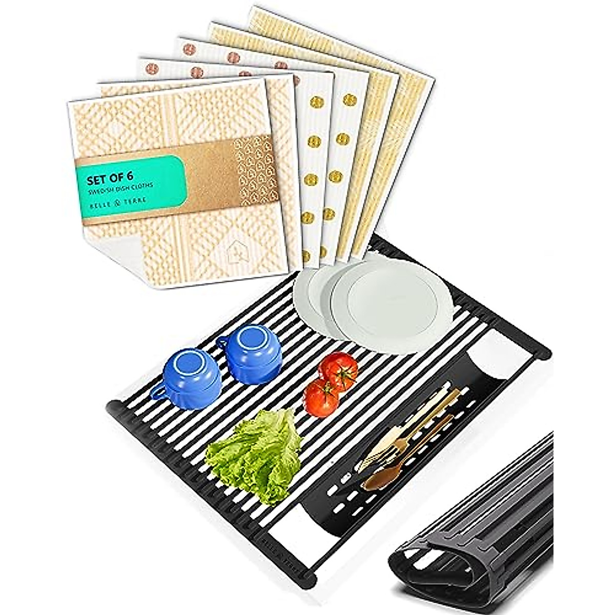 BELLE TERRE Roll-Up Dish Drying Rack & Swedish Dish Cloth Set - Space-Saving Sink Rack (20.5" x 15.5") with Utensil Tray & Reusable Absorbent Cloths - Solid Steel Construction & Cellulose Material