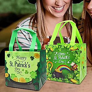 PARSUP 8PCS St Patricks Day Reusable Gift Bags, Irish Treat Bags with Handles, Saint Patrick's Day Party Bags, Multifunctional Non-Woven Bags for Gifts Wrapping, Irish Party Supplies, 8"×8"×6"