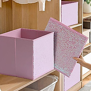 ELUCHANG Sequin Cube Storage Bins Organizer Container Foldable Fabric Closet Organizer Boxes Baskets for Shelves,Toys,Bedroom(4PCS,Pink)
