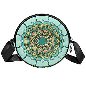 Mandala Boho Green Floral Crossbody Bag for Women Teen Girls Round Canvas Shoulder Bag Purse Tote Handbag Bag