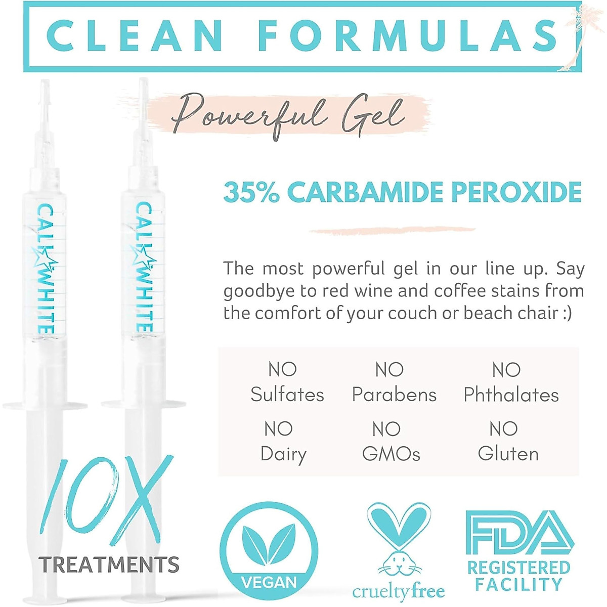 Cali White Teeth Whitening Strip Kit with LED Light and Batteries - Organic Peroxide Teeth Whitening Gel - Set of White Strips - 2x5ml Syringes, Thermoform Whitening Kit Trays and Case