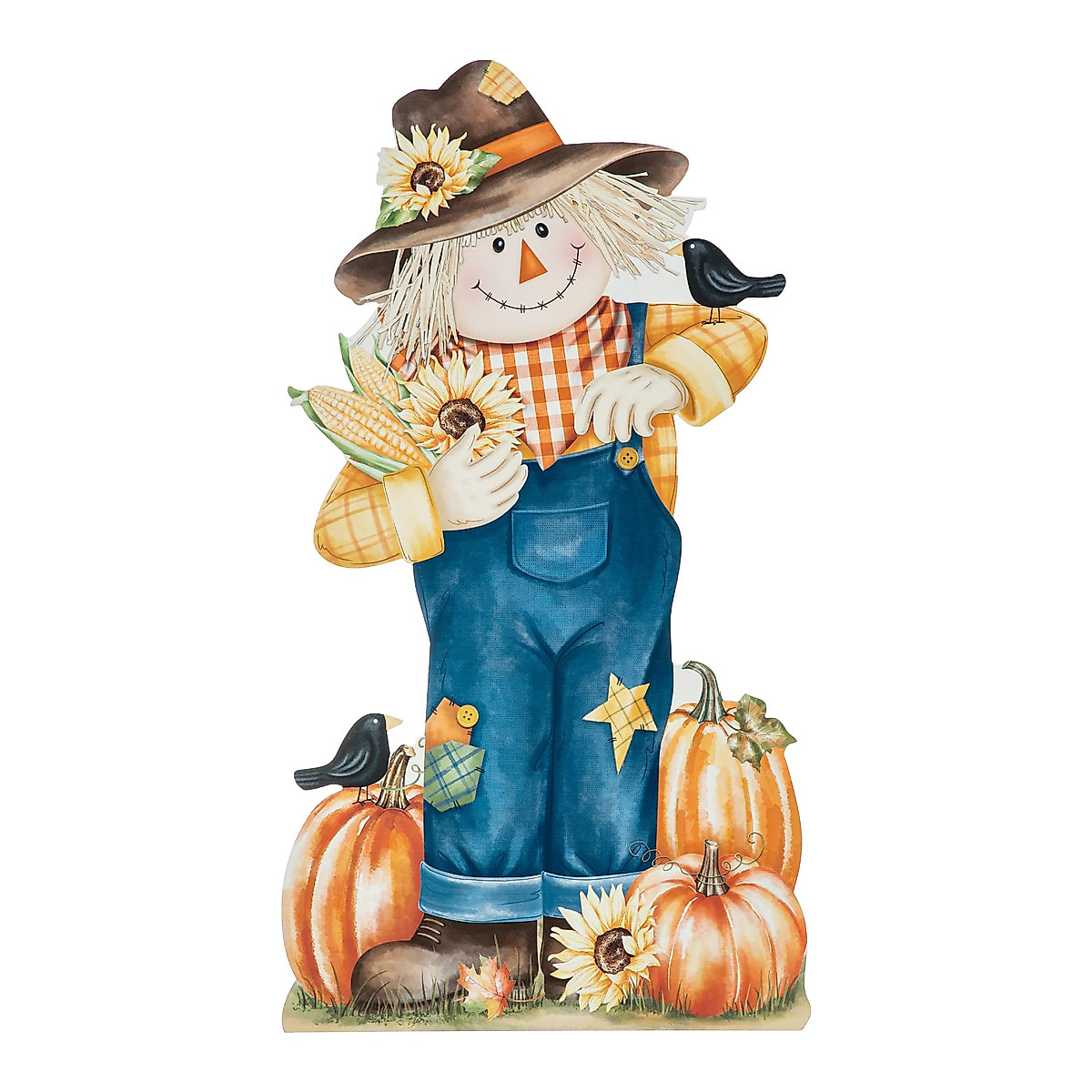 glitzhome GH31362R1 Fall Wooden Welcome Scarecrow Porch Sign Hanging Wall Decor, Orange