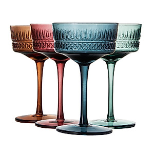 Art Deco Colored Crystal Coupe Glass | Set of 4 | Large 9.6oz Stemmed Glassware Muted Vintage Glasses for Champagne, Cocktail, Margarita, Wine Glass, Gift Idea, Pastel Unique Speakeasy Style Goblet