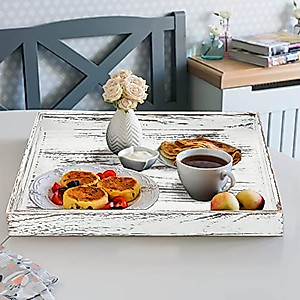 16 x 11 Inches Solid Wood Serving Tray with Handles,Classic Tea Coffee Table Tray Breakfast Tray Wooden Decorative Ottoman Tray Serve for Snack Food Meals Kitchen Party Bar White Rectangle