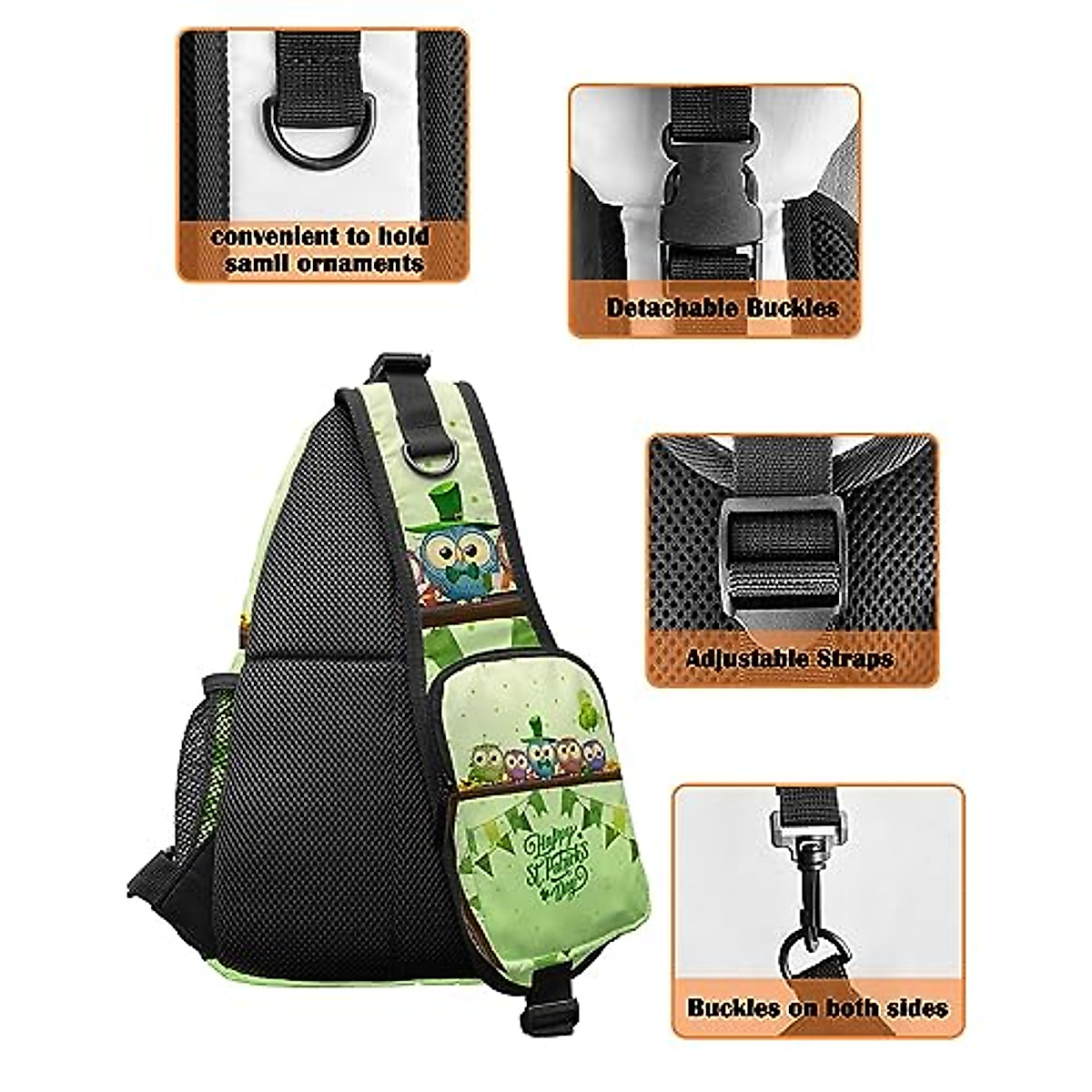 Sling Backpack, St. Patrick's Day Owls Banners Balloons Green Waterproof Lightweight Small Sling Bag, Travel Chest Bag Crossbody Shoulder Bag Hiking Daypack for Women Men