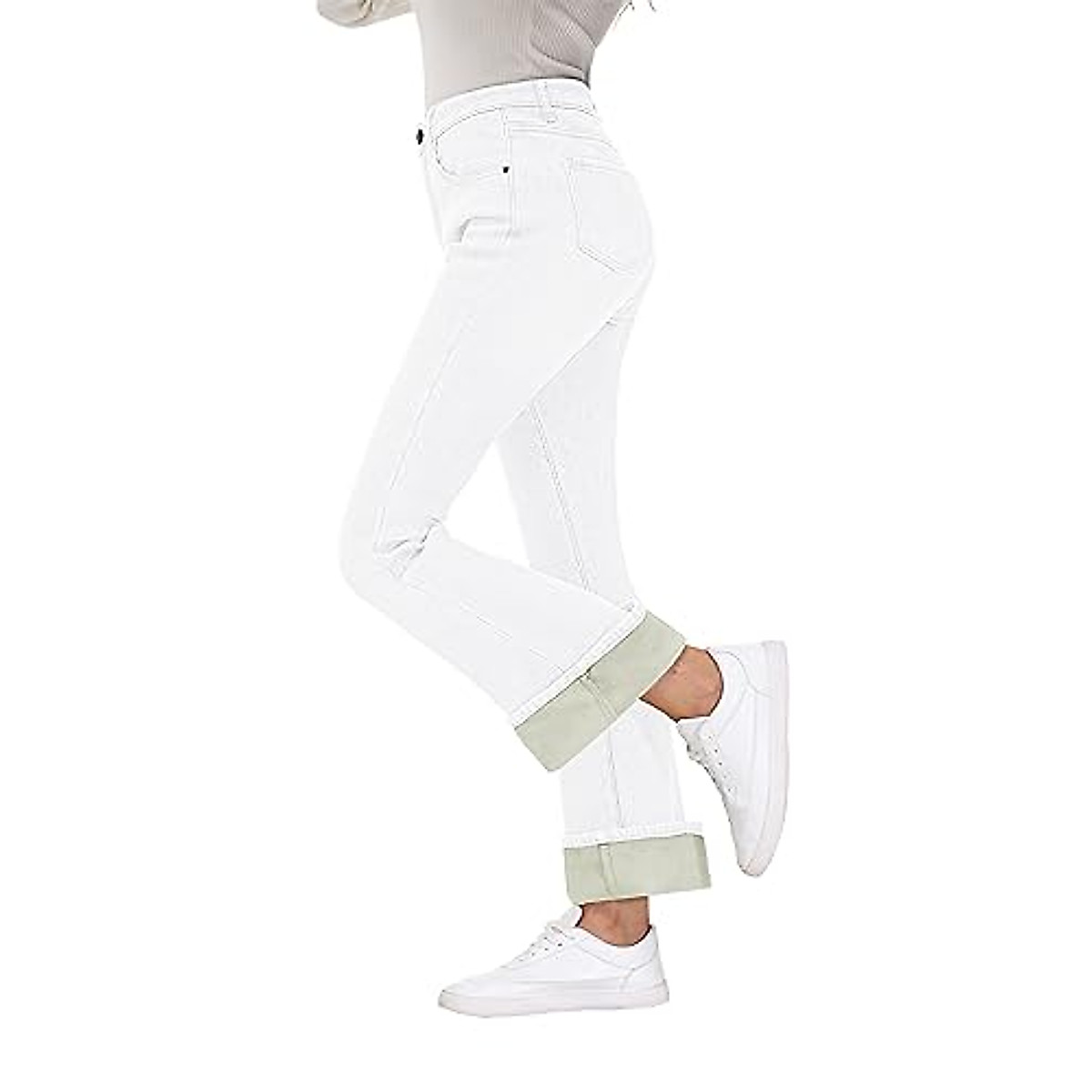 KDF Women's Flare Fleece Lined Jeans Thermal Fleece High Waisted Bell Bottom Jeans Winter Warm Fleece Pants 8,White