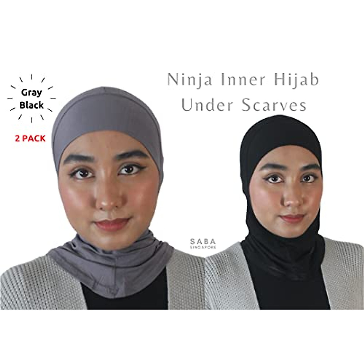 Ninja Bonnet Hijab Full Neck Coverage Under Scarf - Muslimah Stretchy Jersey Head Scarf Bonnet Accessories [Workout wear daily essentials] 1 Black + 1 Gray (SABANJ9501)