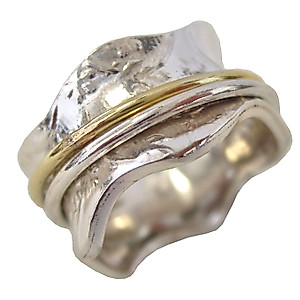 ENERGY STONE 925 Sterling Silver Meadow Meditation Spinner Ring for Women with Rounded Brass and Silver Spinners (Style US04) (6.5)
