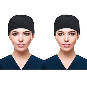 QBA Adjustable Working Cap with Button, Cotton Working Hat Sweatband, Elastic Bandage Tie Back Hats for Women & Men, One Size (2 Pack: Black 2 PCS)