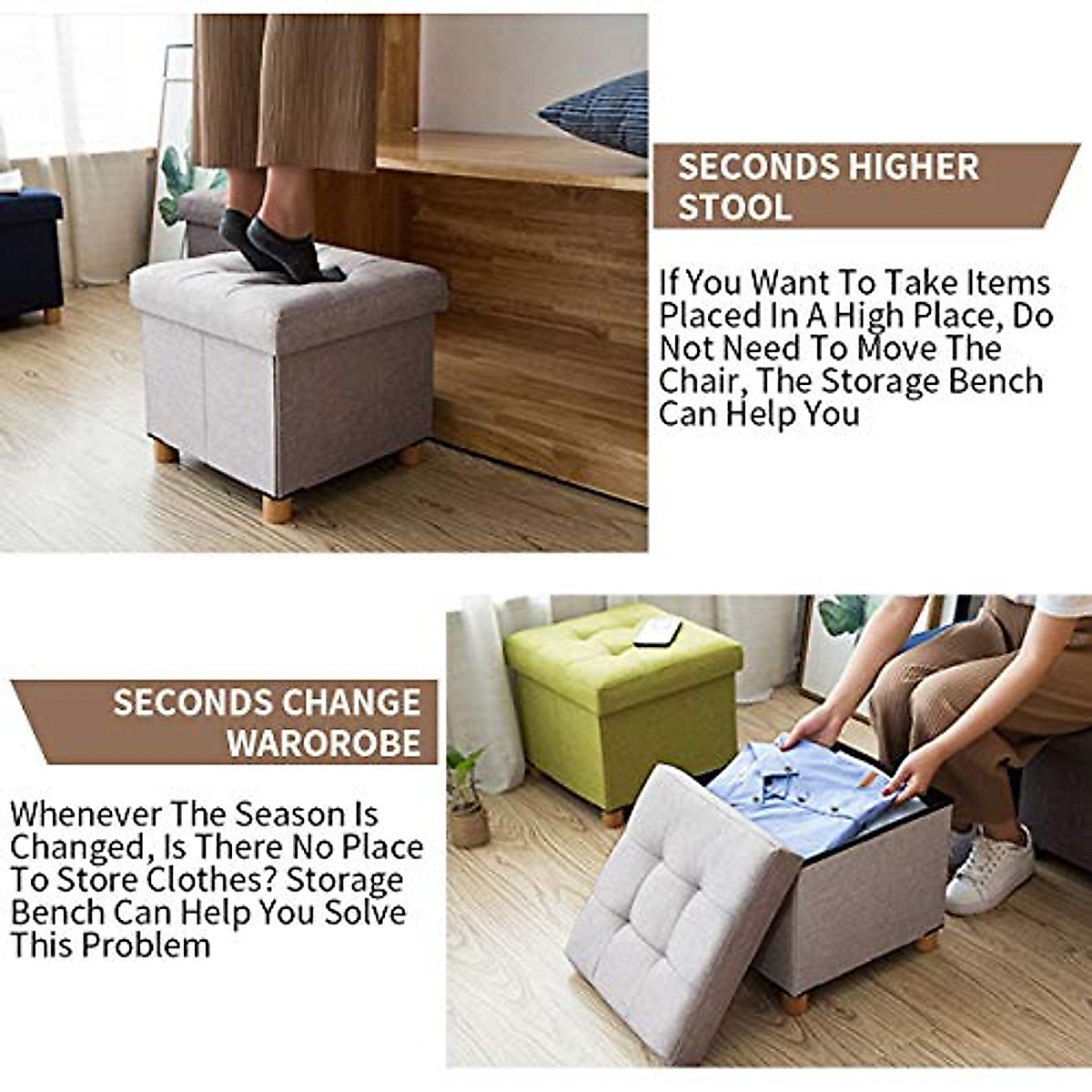 BRIAN & DANY Foldable Storage Ottoman Footrest and Seat Cube with Wooden Feet and Lid, Khaki 15” x15” x14.7”
